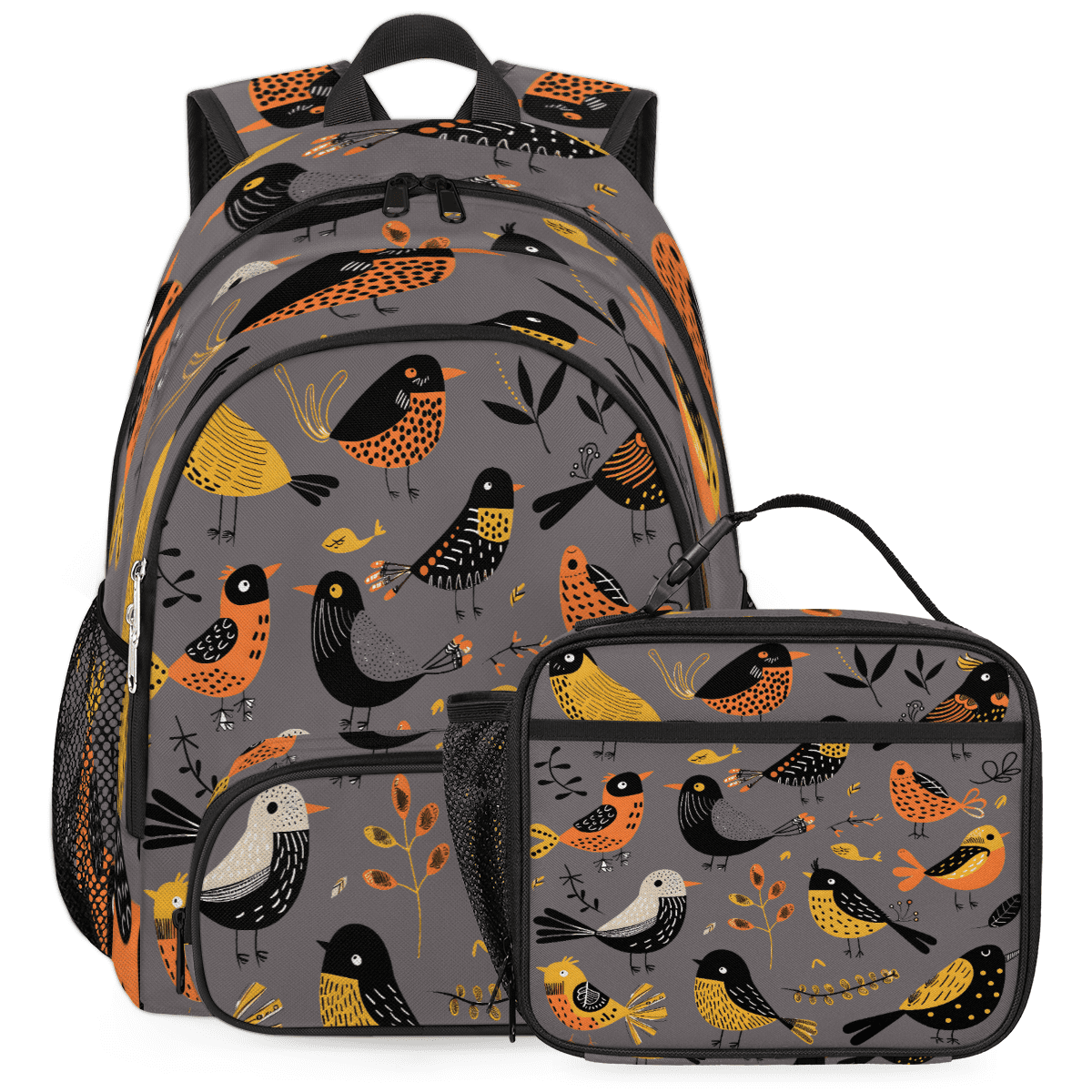 Herdesigns Retro Bird Print Large Backpack Set with Lunch Box ...