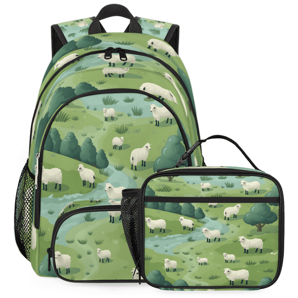 Herdesigns Sheep Print Backpack with Lunch Box Cute Animals Lightweight ...