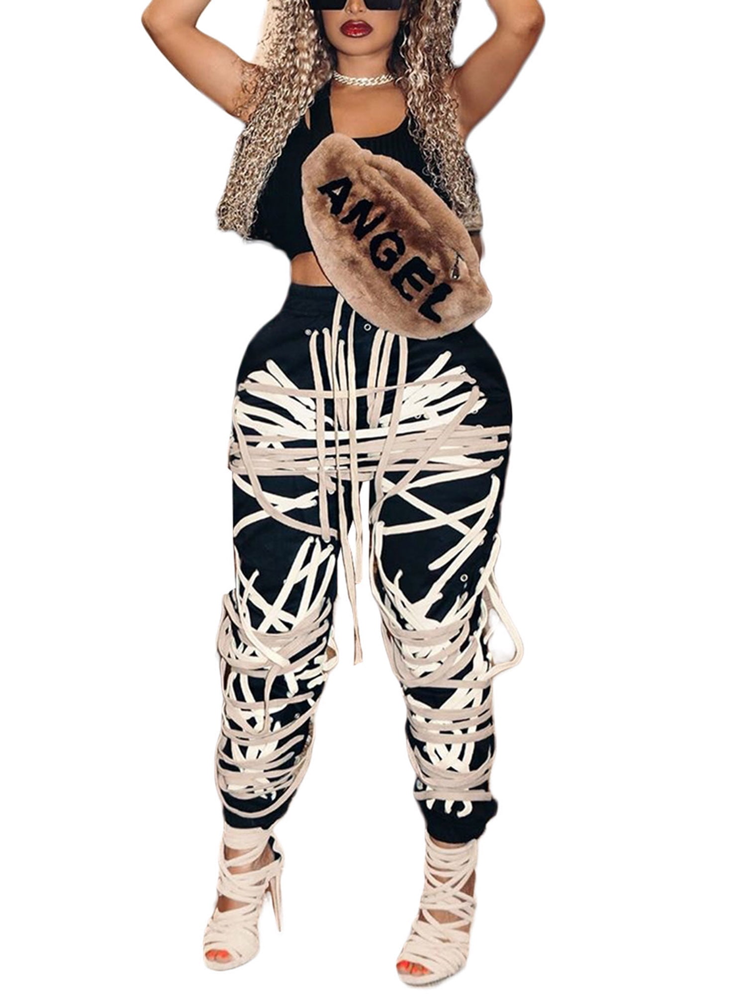 Herdignity Women Spring Jeans Lacing Straps Drawstring Middle Waist ...