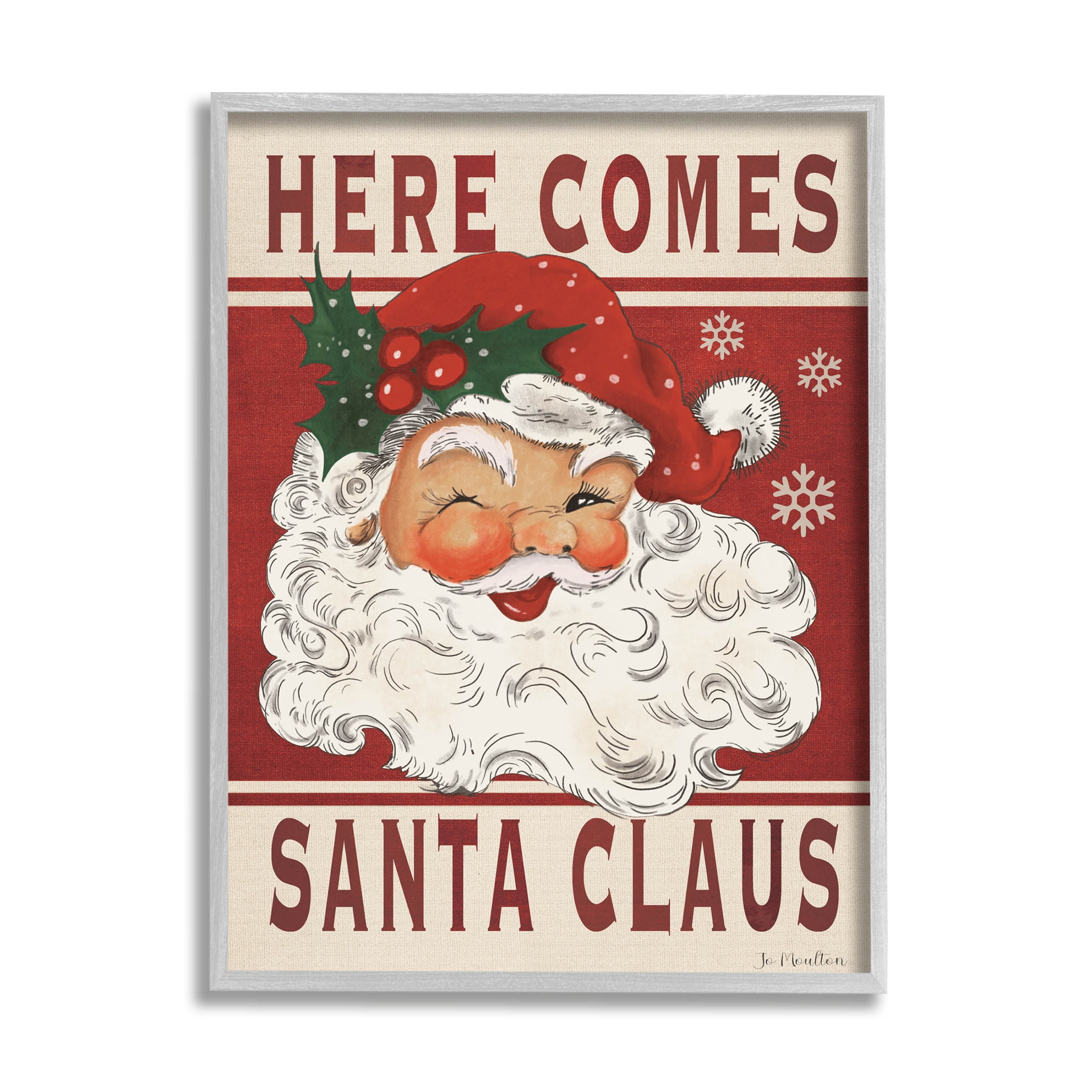 Here Comes Santa Claus Smiling Vintage Holiday Graphic Art Gray Framed ...