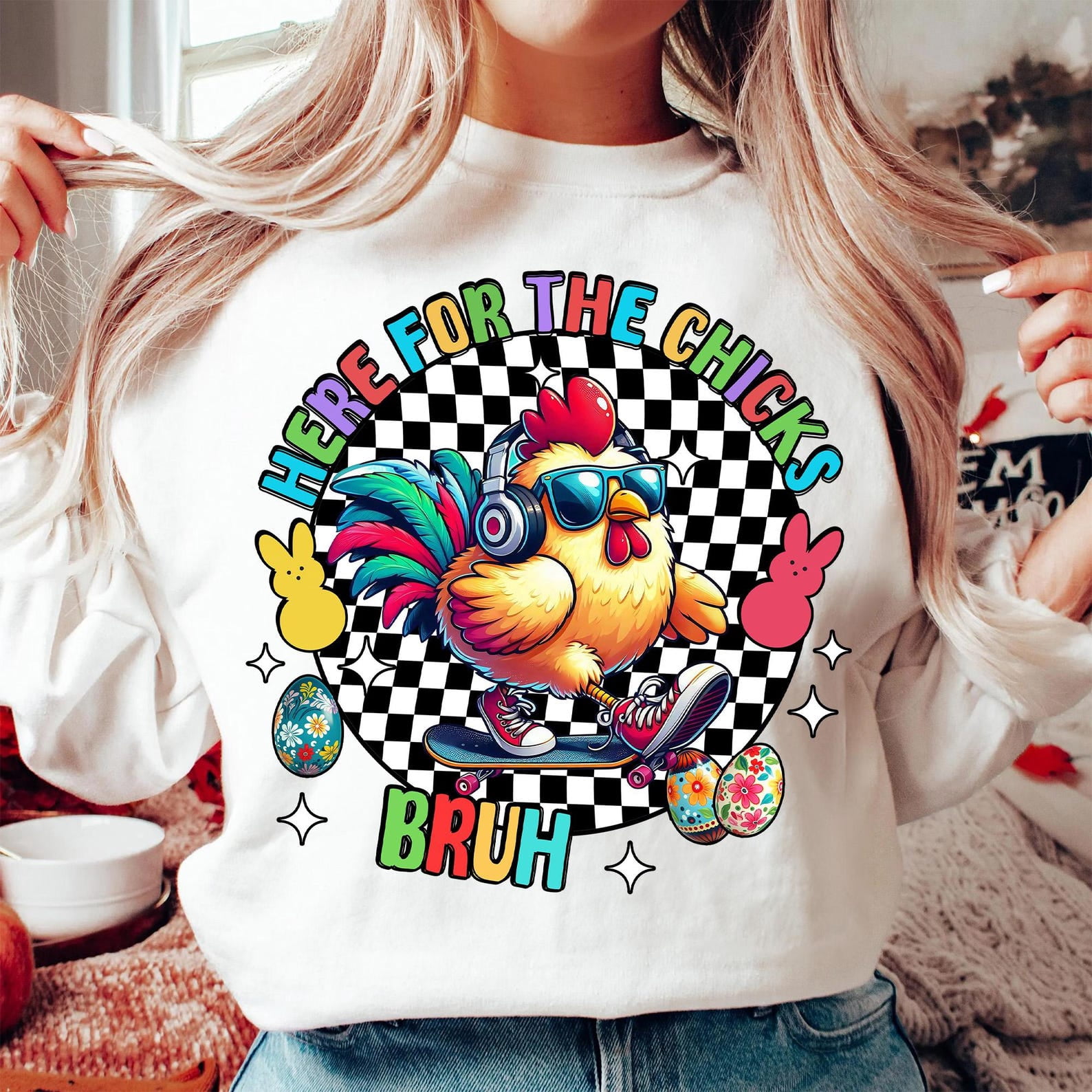 Here For The Chicks Bruh Sweatshirt, Checkerboard Funny Rabbit Crewneck ...
