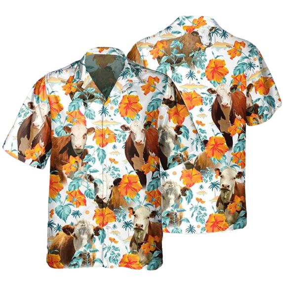 Hereford Bright Hibiscus Flower Hawaiian Shirt, Cow Hawaiian Shirt ...