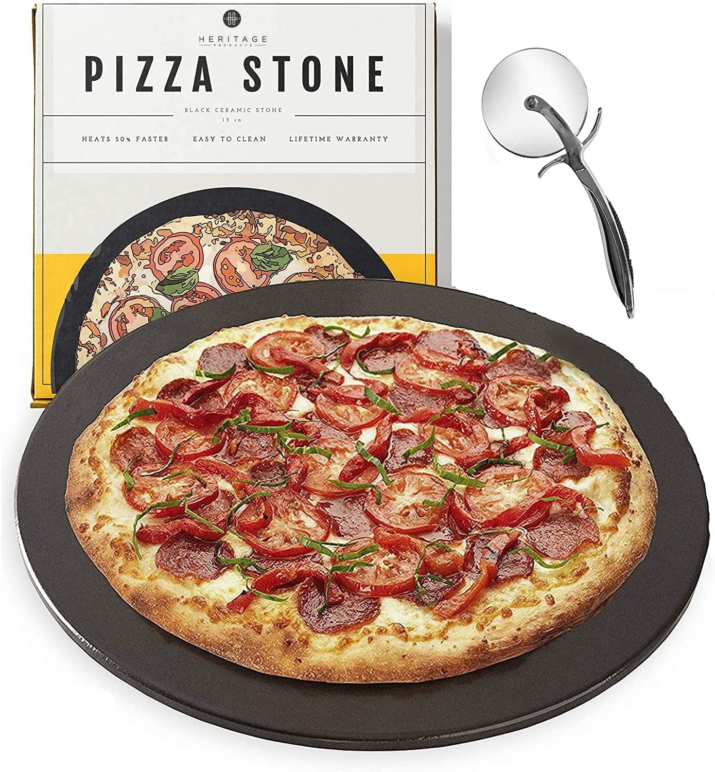 Heritage 15" Ceramic Pizza Stone Set - Non-Stick, Stain-Free with Bonus ...