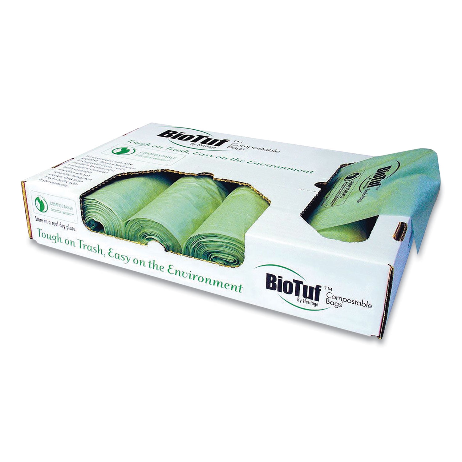 Heritage Biotuf Compostable Can Liners, 64 gal, 1 mil, 47" x 60", Green ...