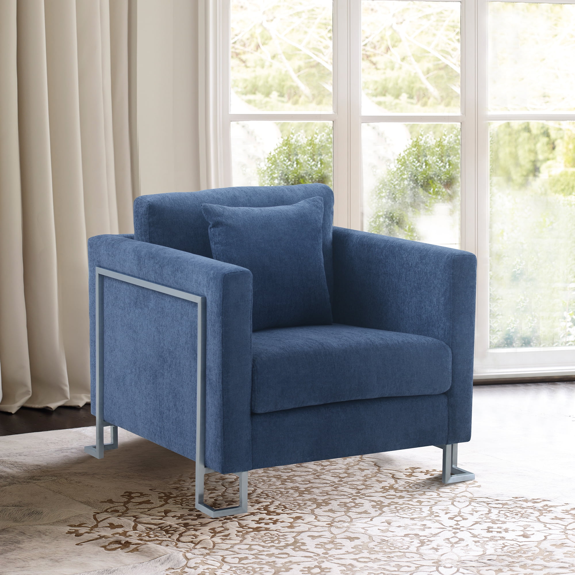Heritage Blue Fabric Upholstered Accent Chair Brushed Stainless Steel ...