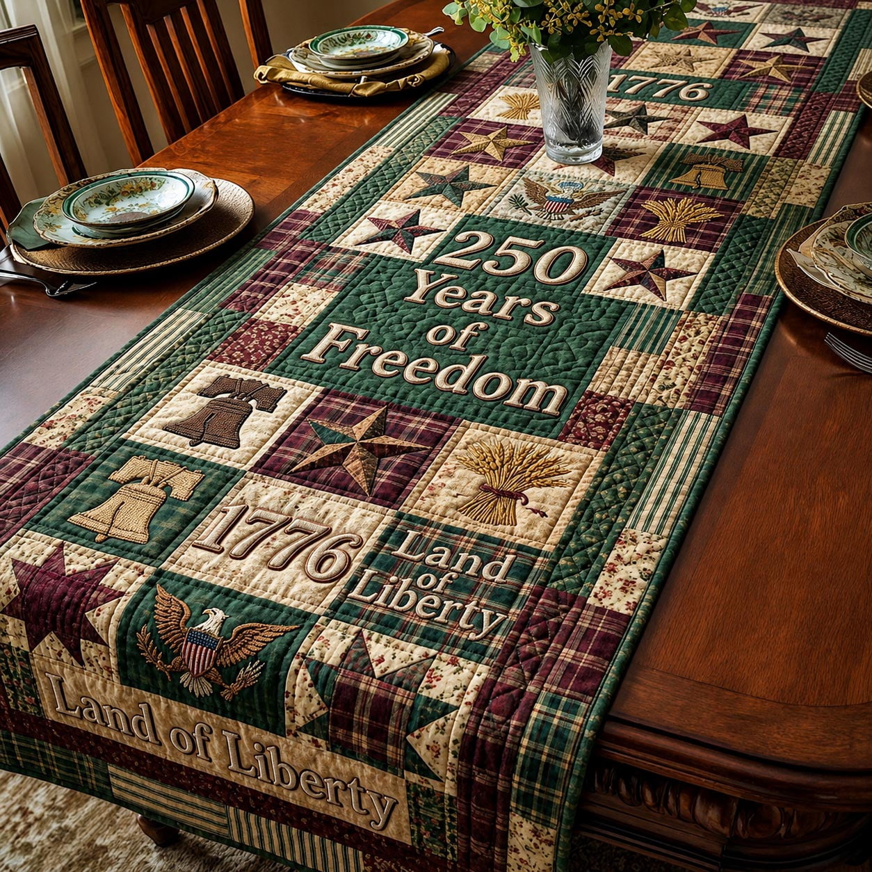 Heritage Patch Quilted Table Runner, USA 250th Year Freedom Celebration ...