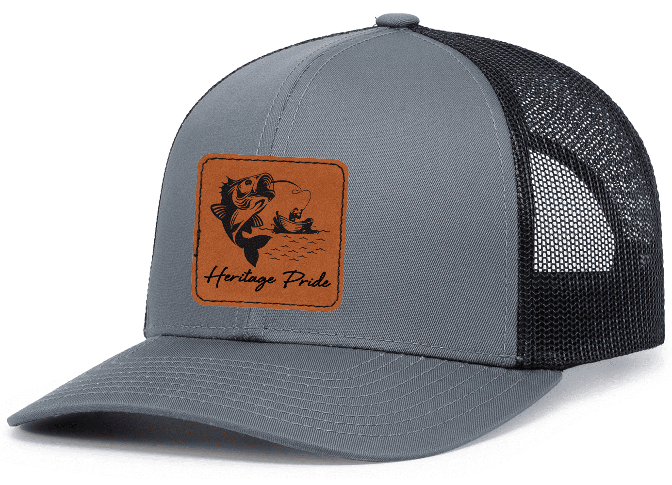 Heritage Pride Mens Hooked Trout Fishing Leather Patch Mesh Back Trucker Hat-Charcoal/Black ...