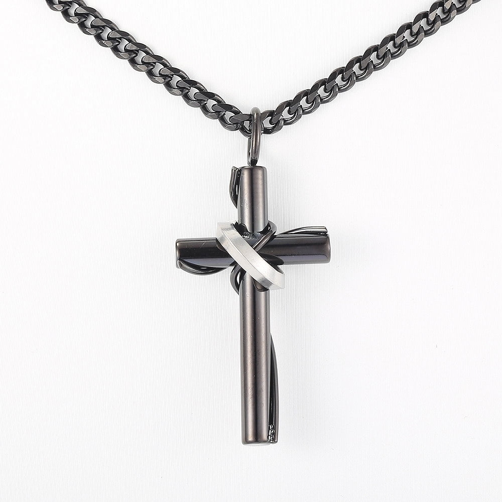 Hermah Mens Cross Pendant Necklace Silver Black 3mm Cuban Chain ...