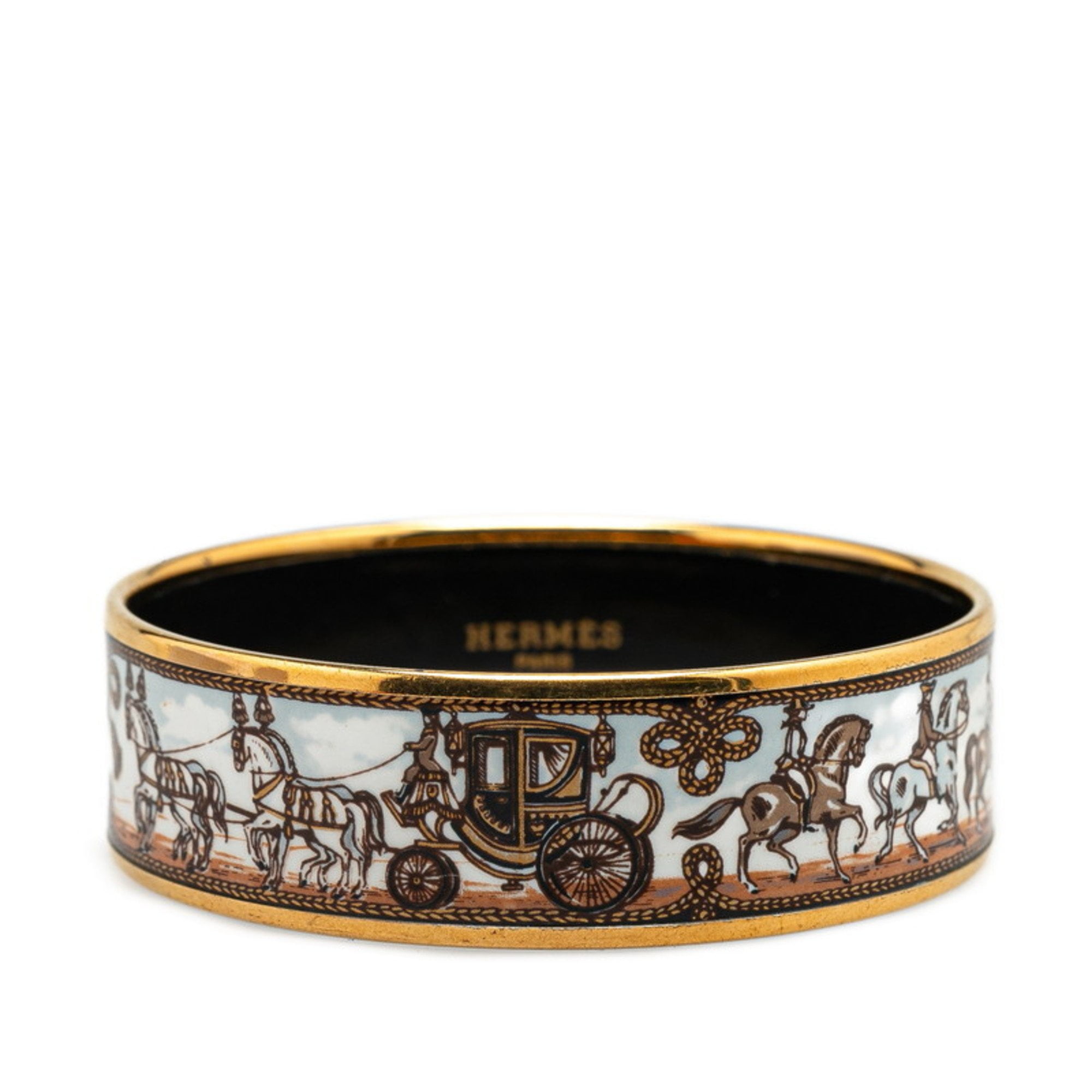 Pre-Owned Hermes GM enamel horse and carriage motif bangle gold brown multicolor... (Good ...