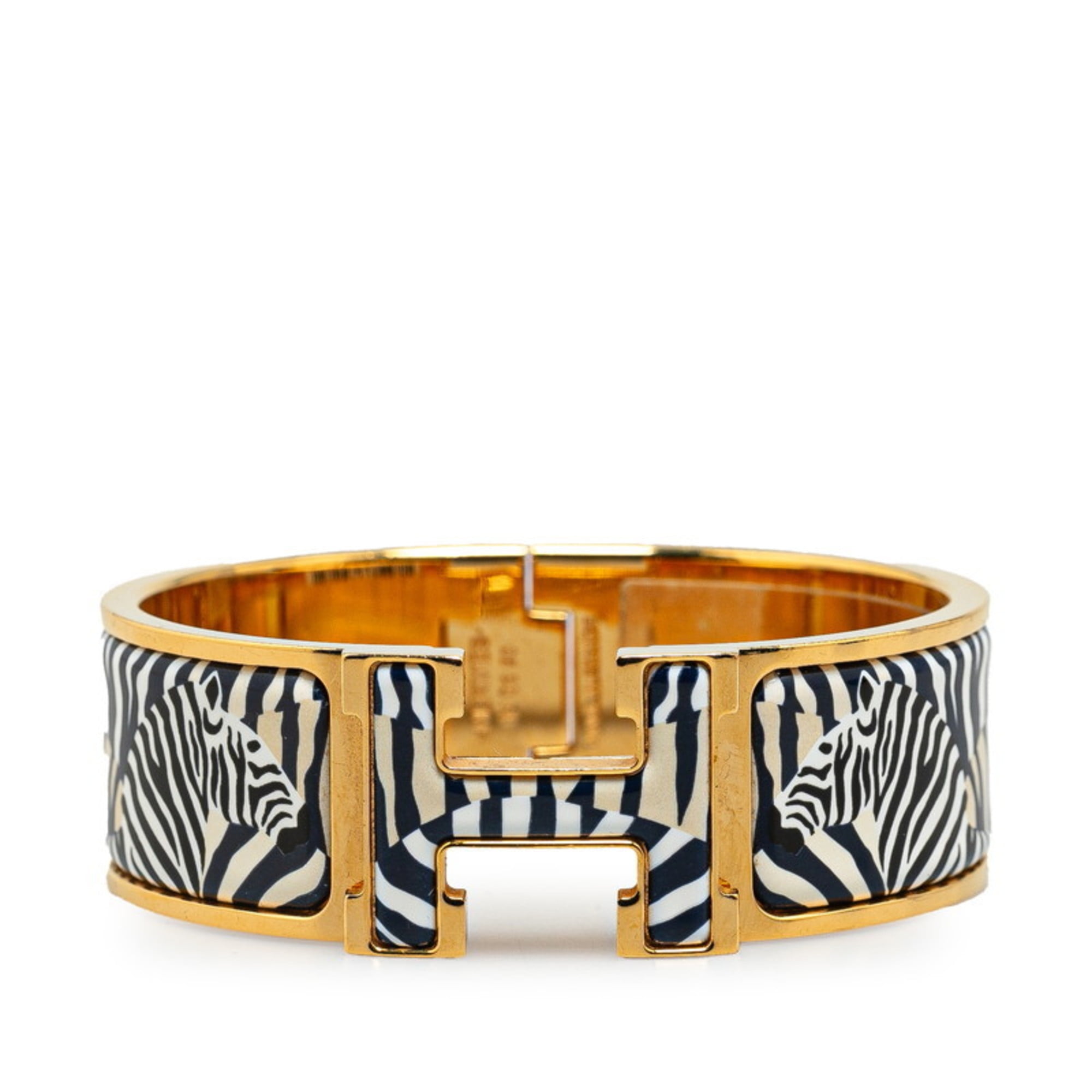Pre-Owned Hermes Zebra Click-Clack H GM Bangle Gold Navy Plated Women's ...