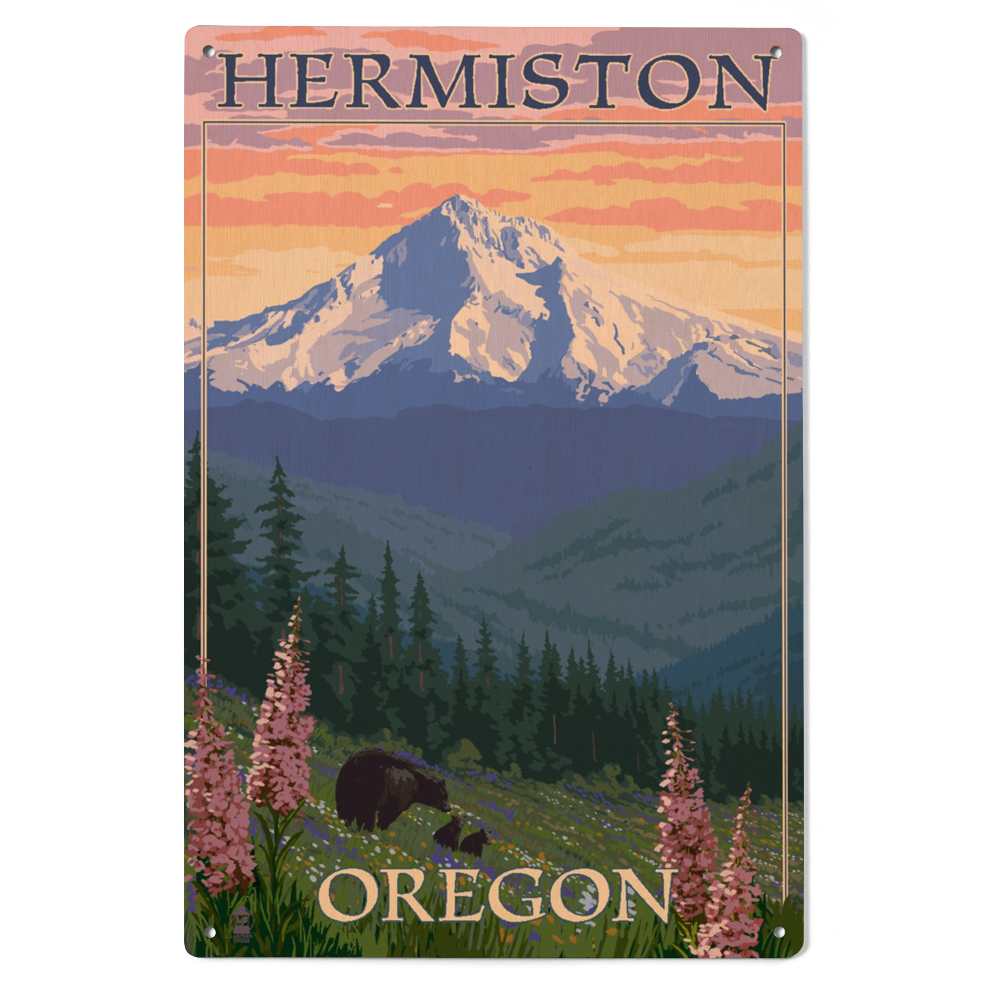Hermiston, Oregon, Bear Family and Spring Flowers Birch Wood Wall Sign ...