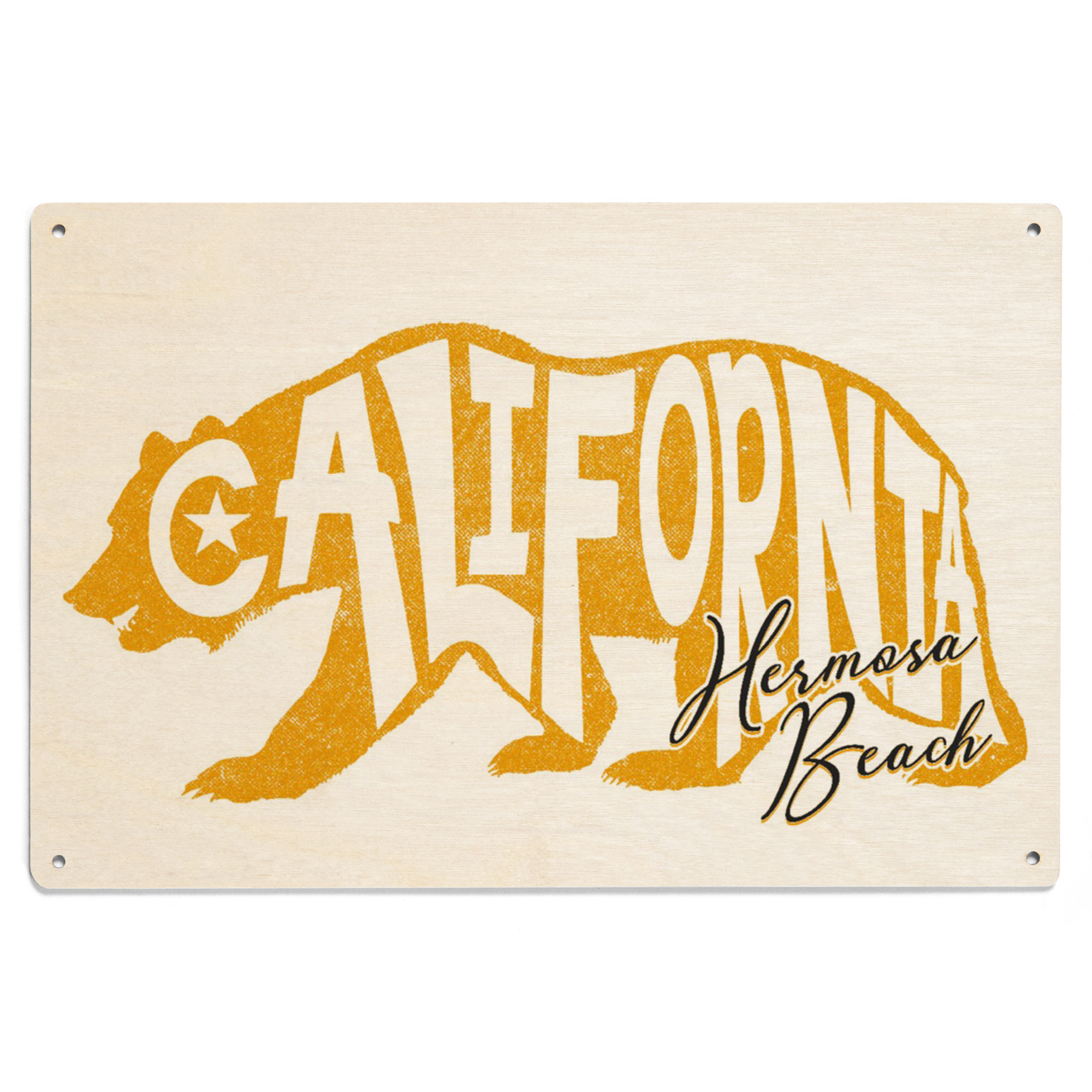 Hermosa Beach, California, Bear Outline, Typography Birch Wood Wall ...