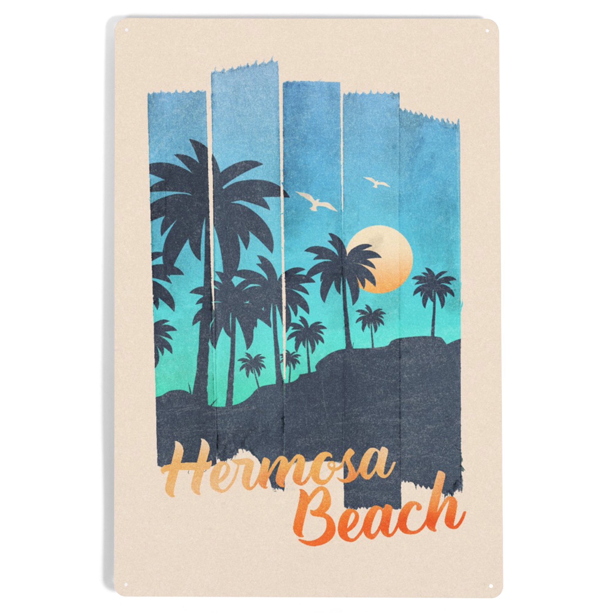 Hermosa Beach, California, Palm Tree, Tape Art, Blue Sky (12x18 ...
