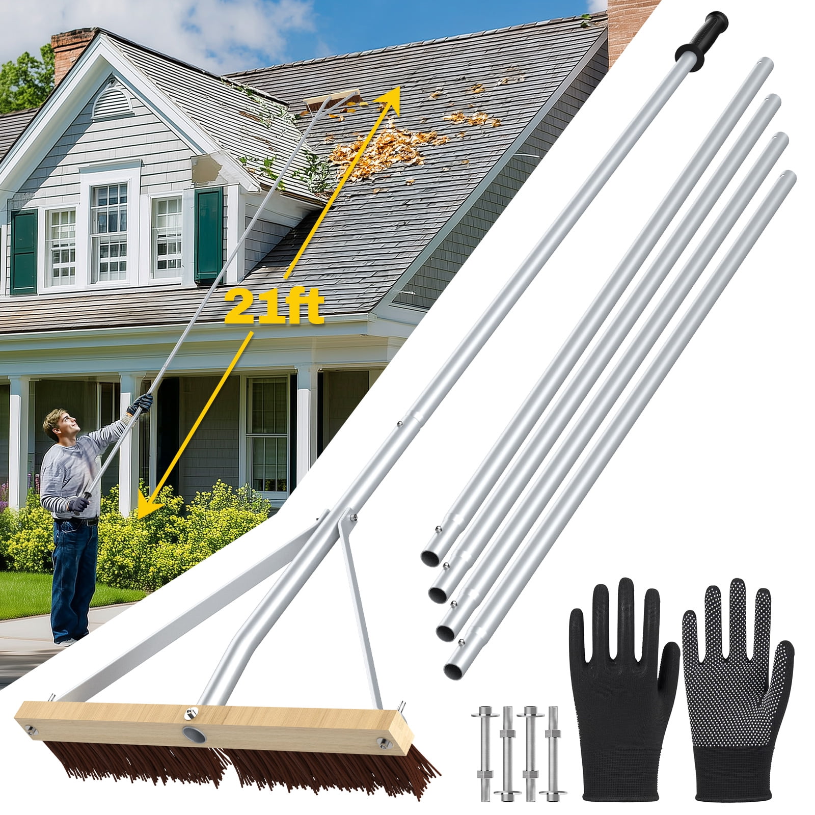 Hermsche Roof Brush, Adjustable 5-21ft, Roof Rake & Gloves - Walmart.com