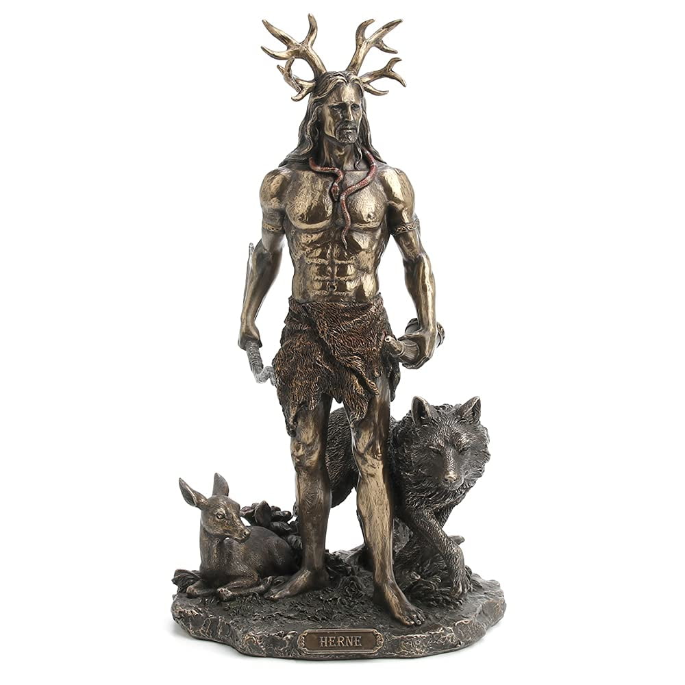 Resin Statues Herne The Spirit Hunter Of Windsor Forest Standing With Deer And Wolf 6 X 11.5 X 6 ...