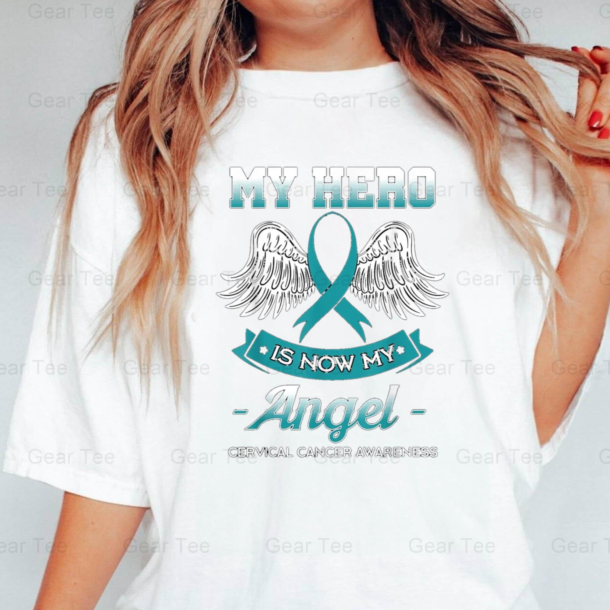 Hero, Now My Angel, Funny, Cervical Cancer, Support, Gift, Teal White ...