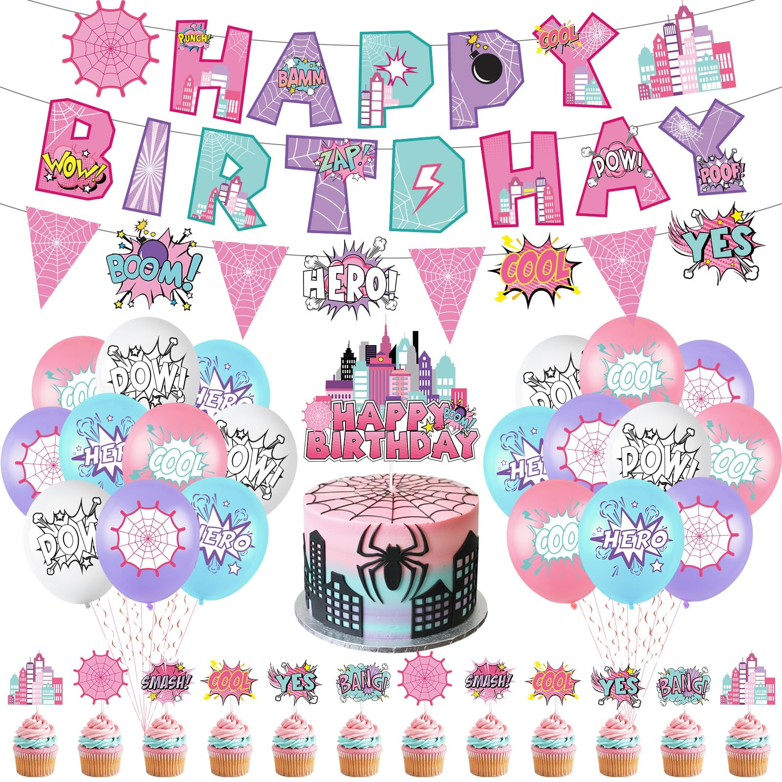 Hero Party Decoration CORNET Hero Happy Birthday Banner Pink Spidey ...