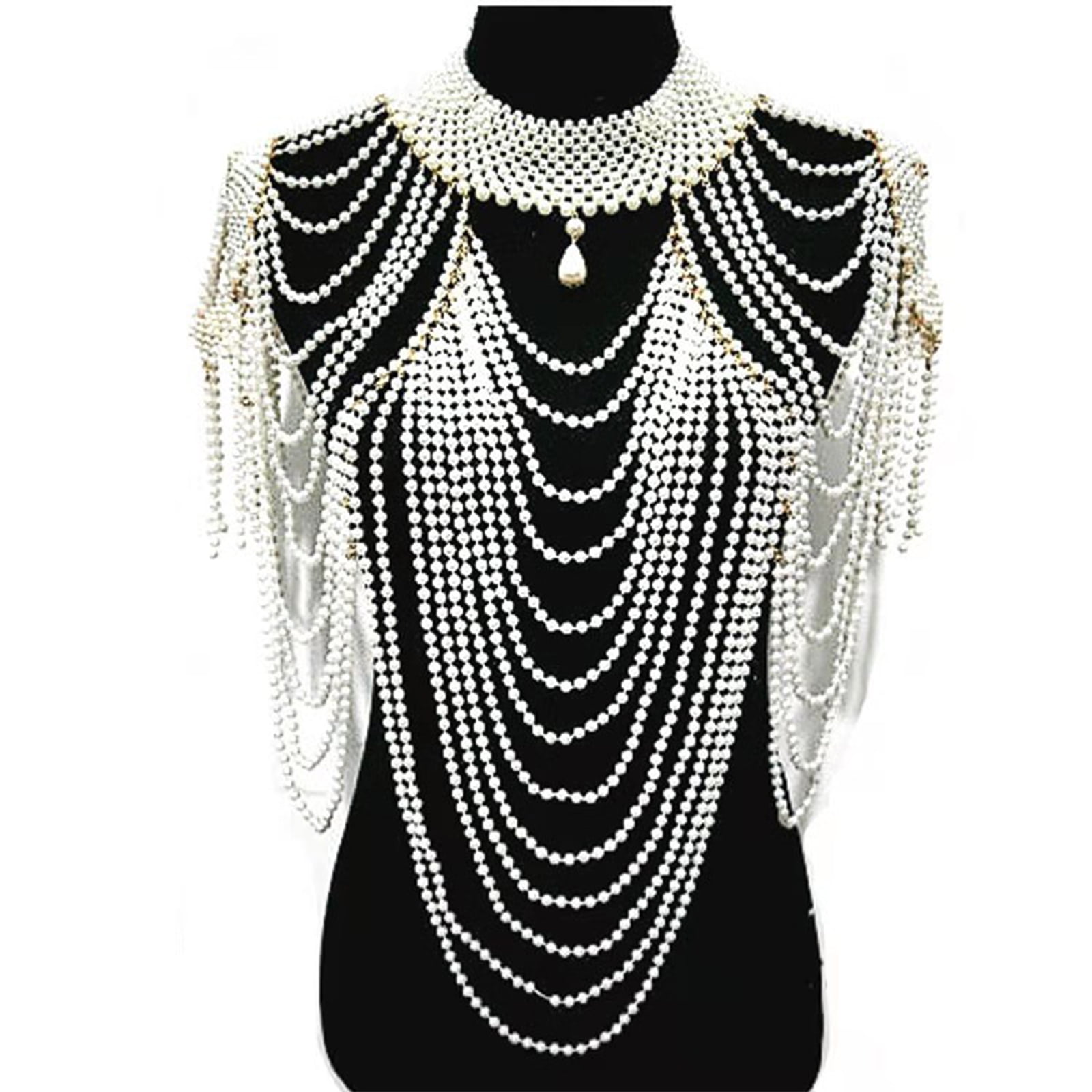 HeroNeo Women Imitation Pearl Body Statement Necklace Teardrop Pendant Beaded Collar Bib Layered Tassel Jewelry Shoulder Chain