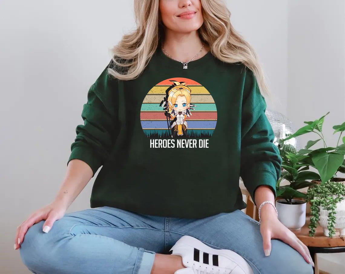 Heroes Never Die Overwatch Mercy Gamer Quote Fan Art Graphic Sweatshirt ...