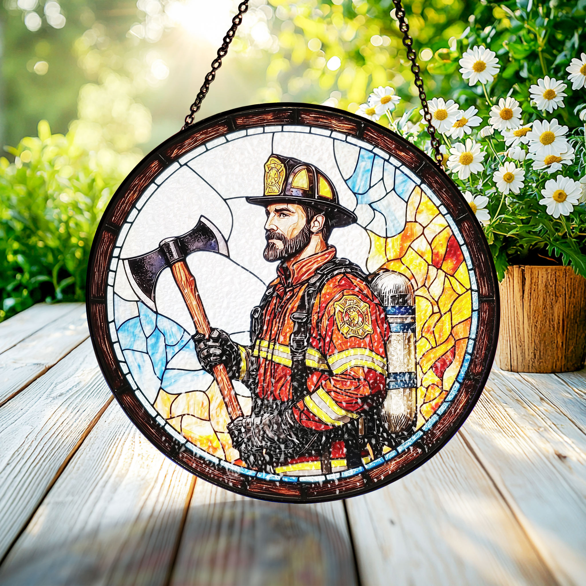 Heroic Firefighter Acrylic Window Art, Stained Glass Inspired Home ...