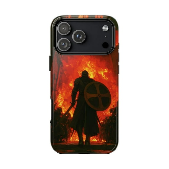 Heroic Shield Knight in Fiery Battle Scene with iPhone 17 to 11 Pro Max ...