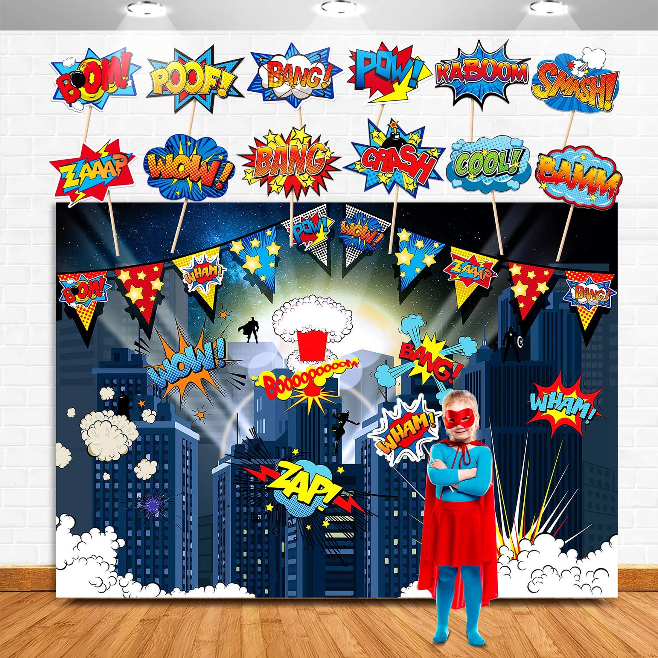 Heroic Skyline Party Pack - Superhero Cityscape Backdrop & 12 Photo ...