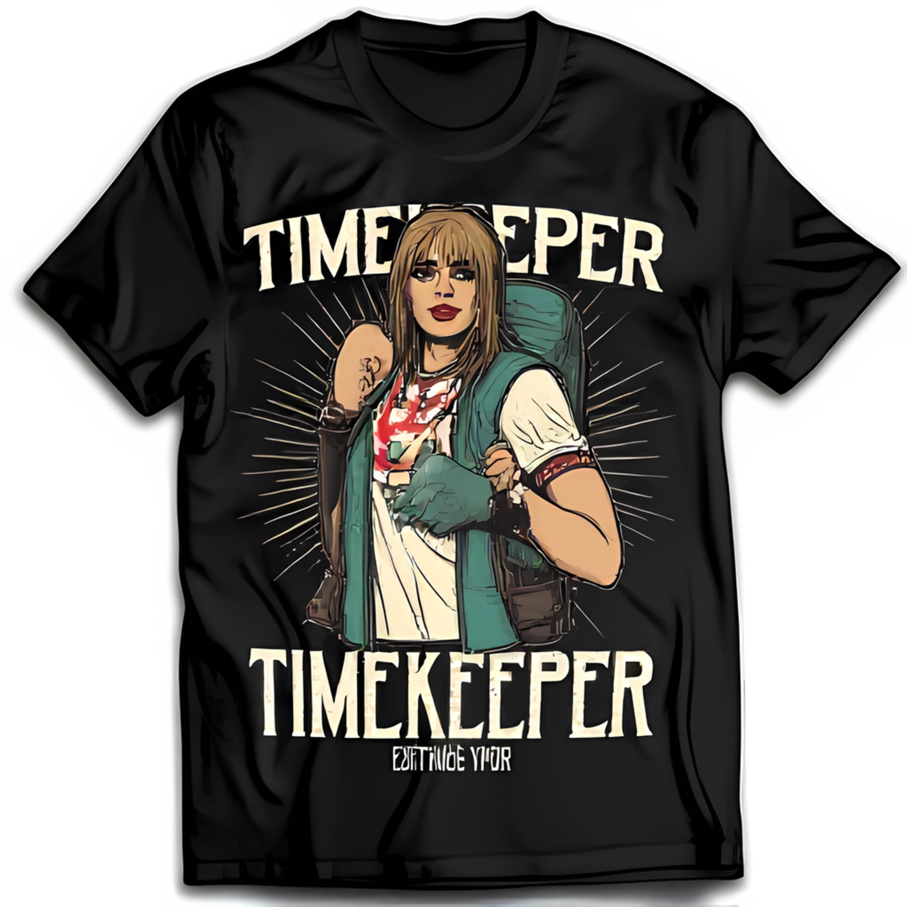 Heroic Woman Graphic Black T-Shirt TIMEKEEPER Design with Backpack ...