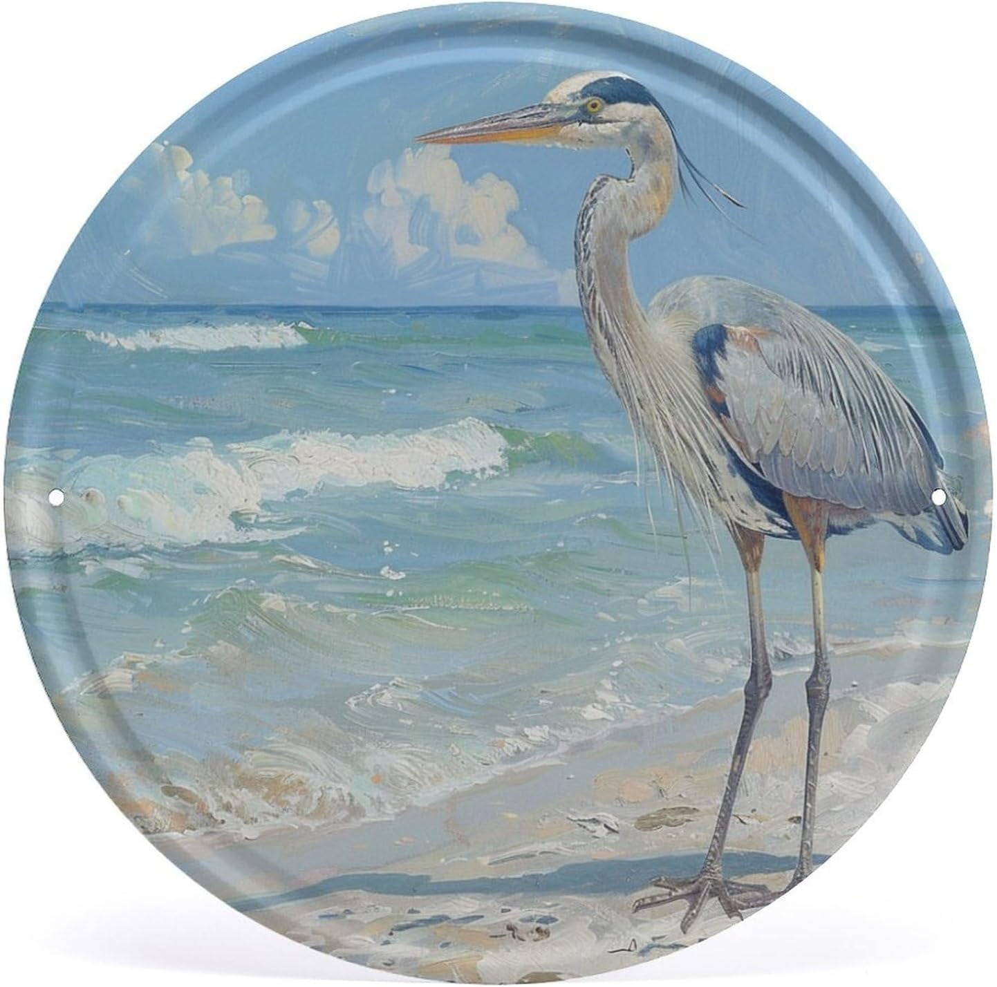 Heron Standing on The Beach Round Aluminum Sign Blue Heron Bird Drawing ...
