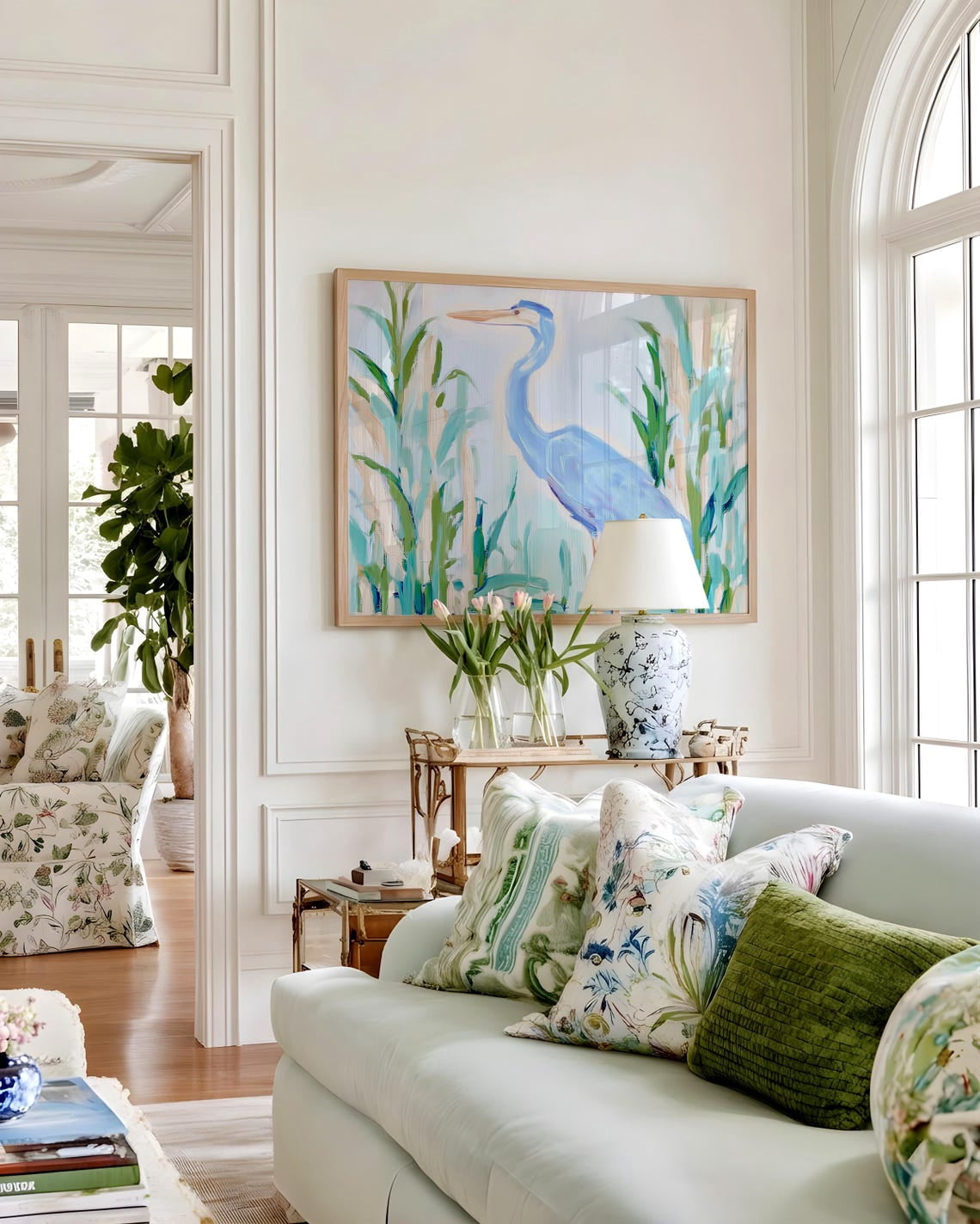 Heron Whimsical Coastal Marsh Bird Blue Sage Green Wildlife Beach House ...