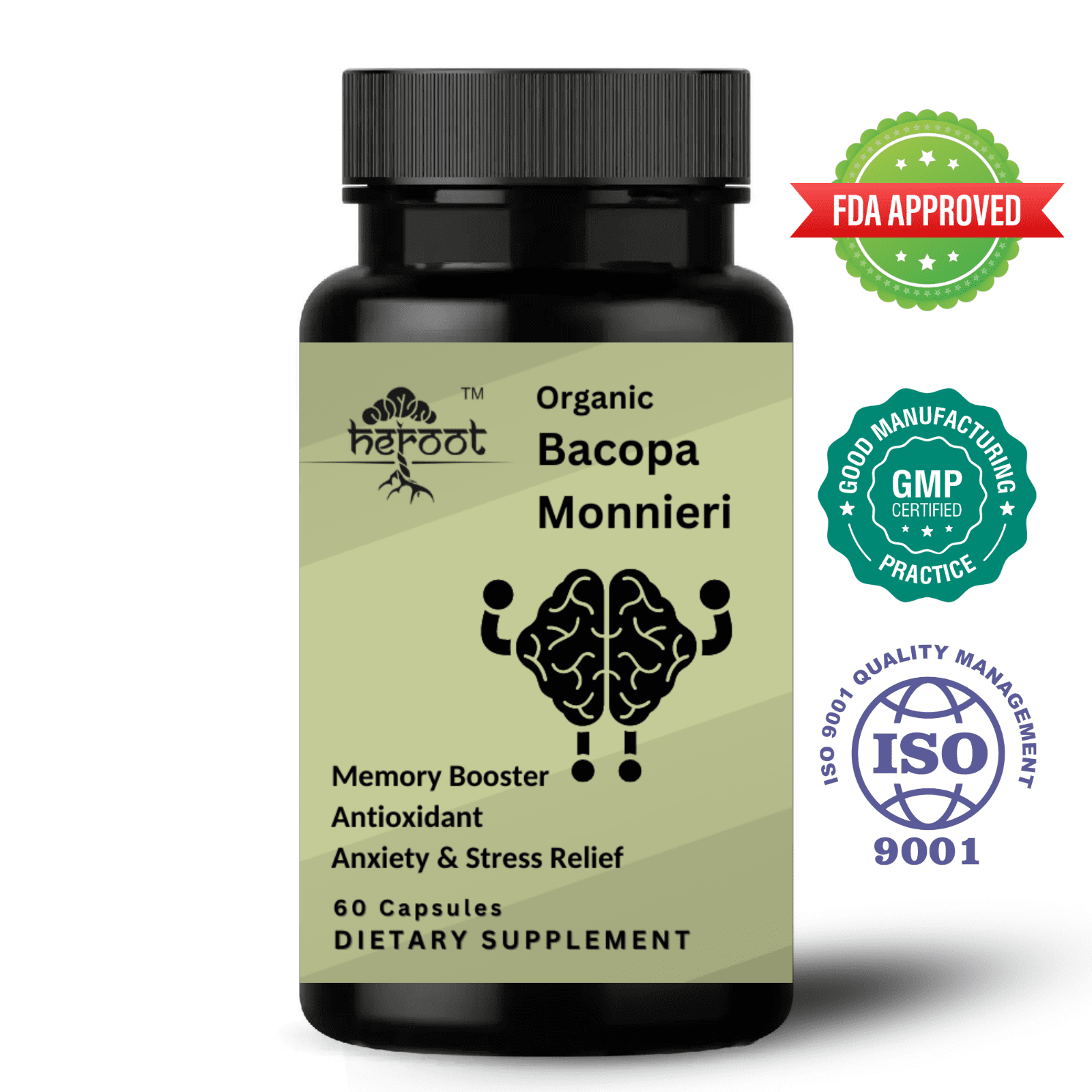 Heroot Organic Bacopa Monnieri 400mg Capsules for Brain Memory Focus ...