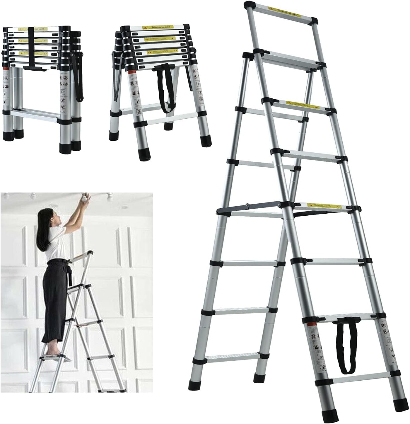 Herringbone Ladder Extension Ladder 6+7 Step Ladder 6.4FT Telescopic ...
