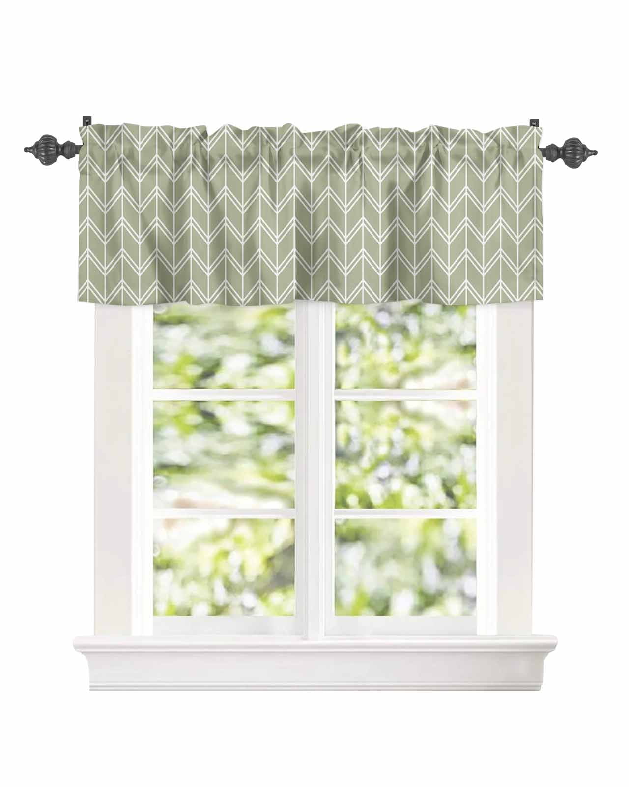 Herringbone Texture on Sage Green Curtain Valances for Kitchen Windows ...