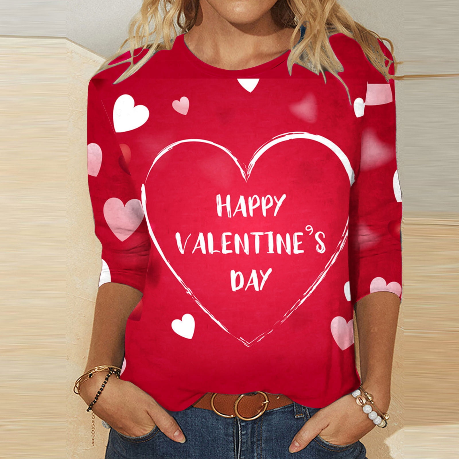 Herrnalise 3/4 Long Sleeve Valentines Day Shirts for Women Heart Print Tees Blouses Crewneck ...