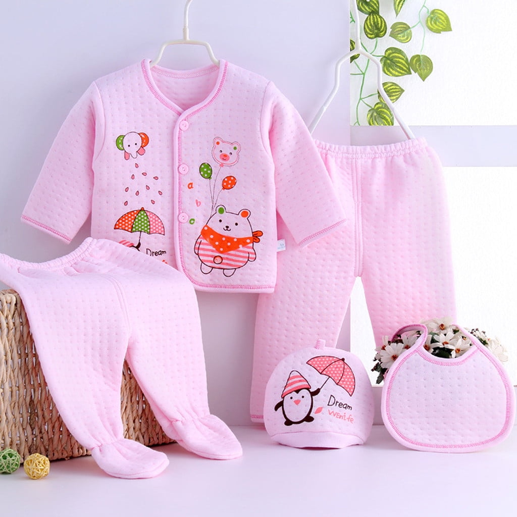 SDJMa 5PCS Newborn Baby Boy Girl Cartoon Long Sleeve Tops+Hat+Pants +Bib Outfits Set - Walmart.com