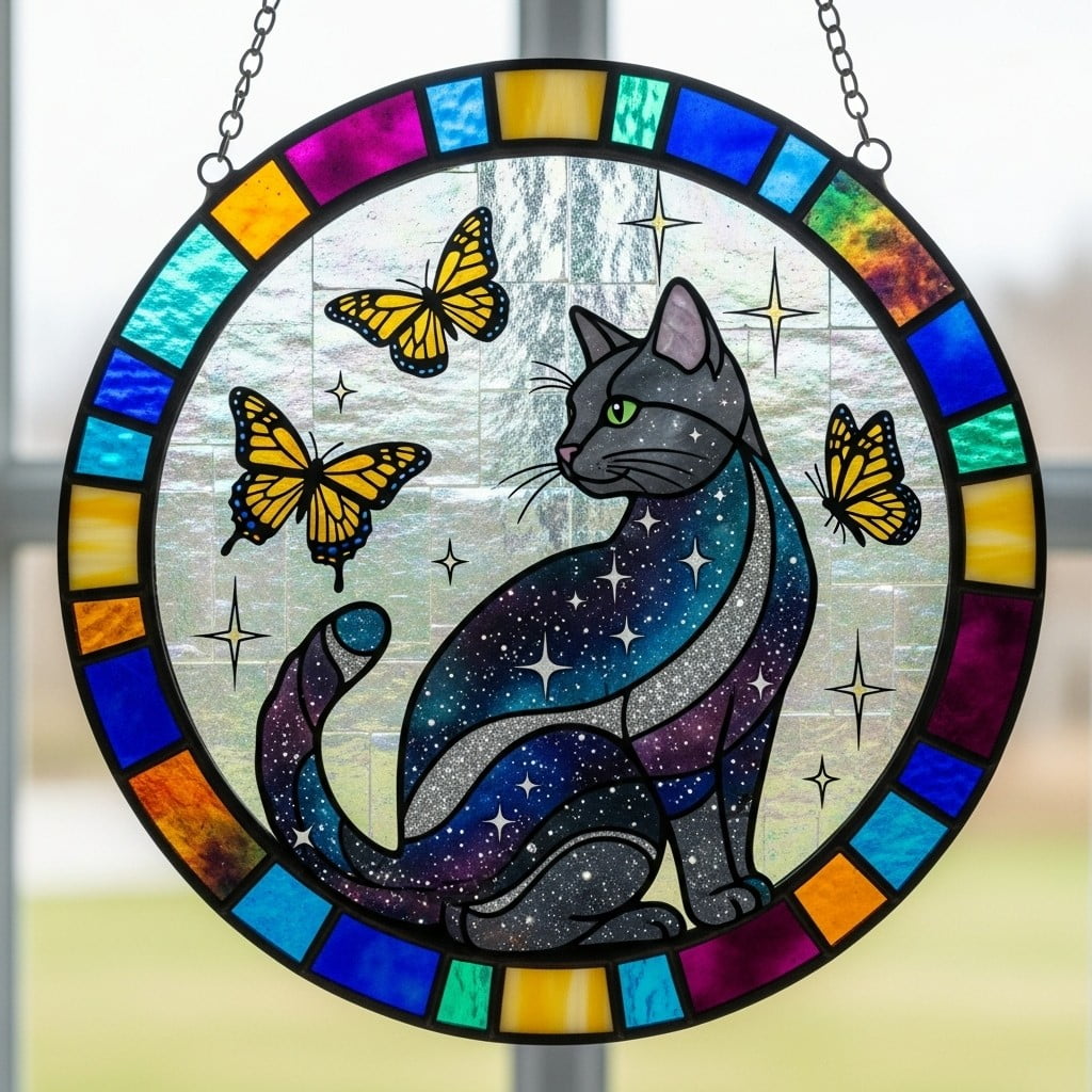 Herrnalise Cat Hanging Stained Glass Sun Catcher, 7.87inch Butterfly ...