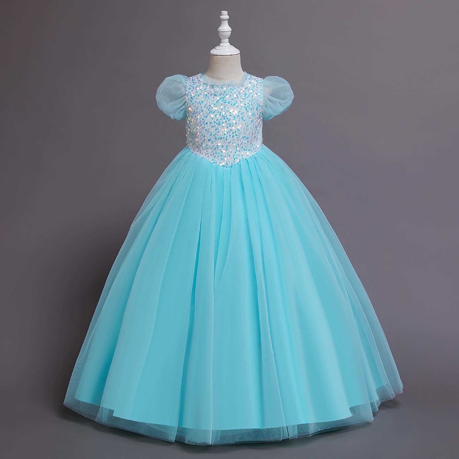 Herrnalise Children Dress Girl Puff Sleeve Princess Dress Long Sequin ...