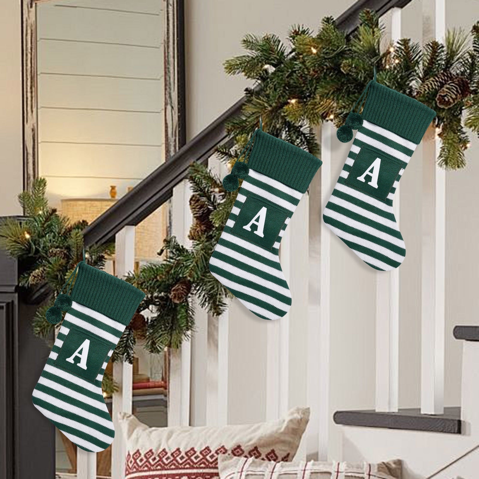 Herrnalise Christmas Monogram Stocking,16" Green White Striped ...