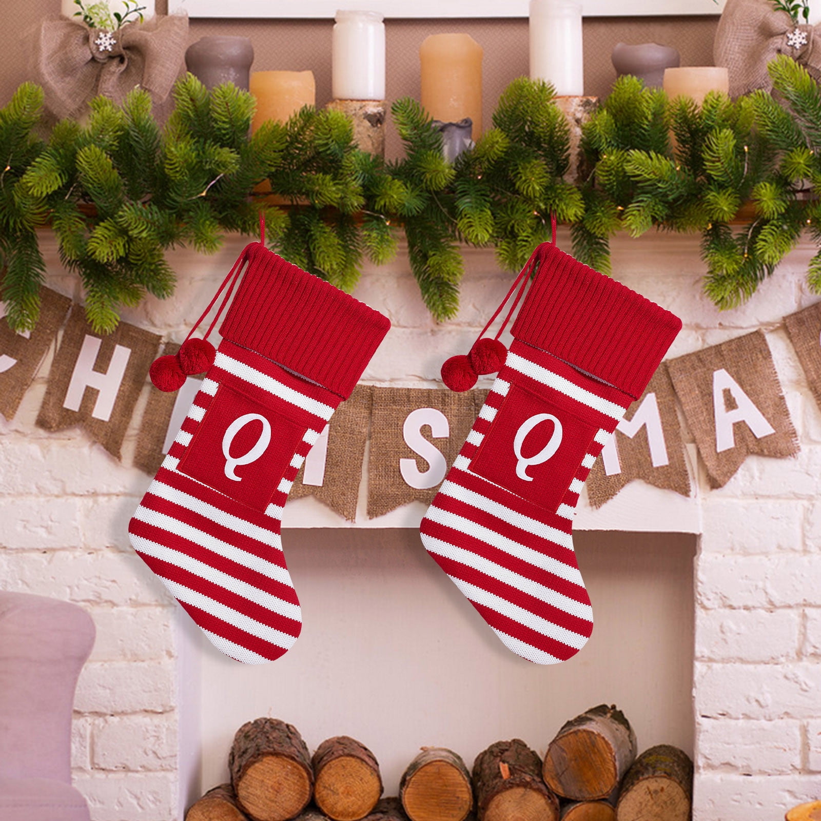 Herrnalise Christmas Monogram Stocking,16" Red White Striped Christmas Initial Letter Q Cable ...