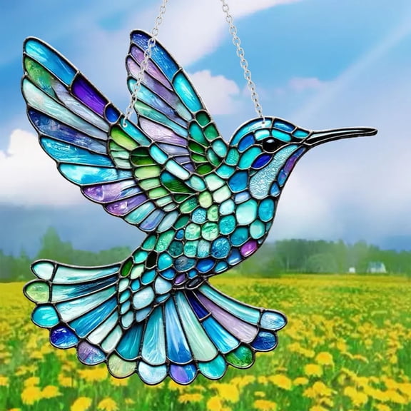 Large Hummingbird Pair Bird Suncatcher 8x8" Stained Glass Effect ...