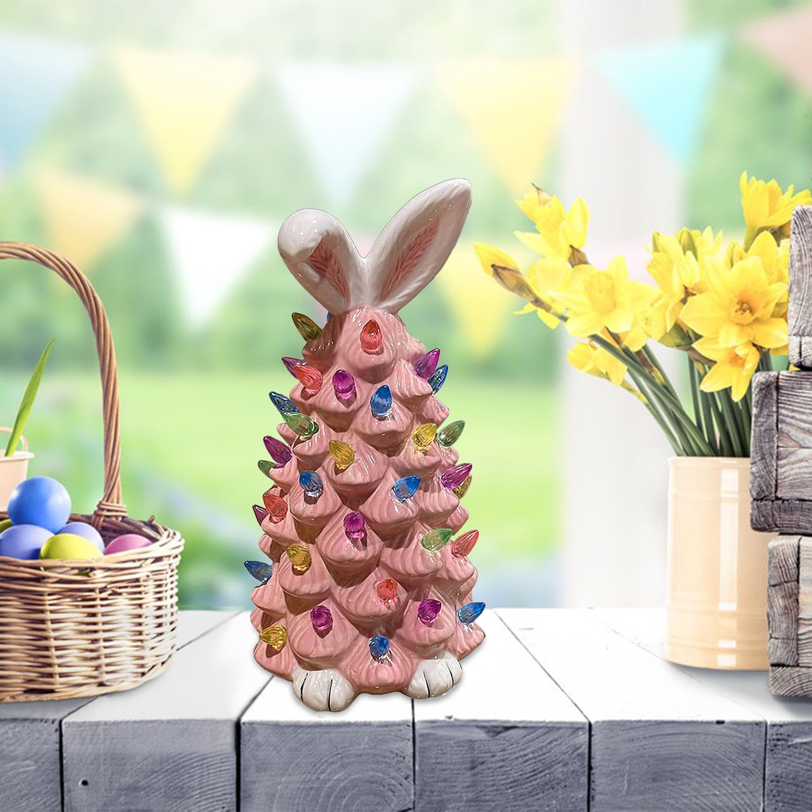 Herrnalise Easter Ceramic Pink Bunny Tree Easter Lighted Decorations ...