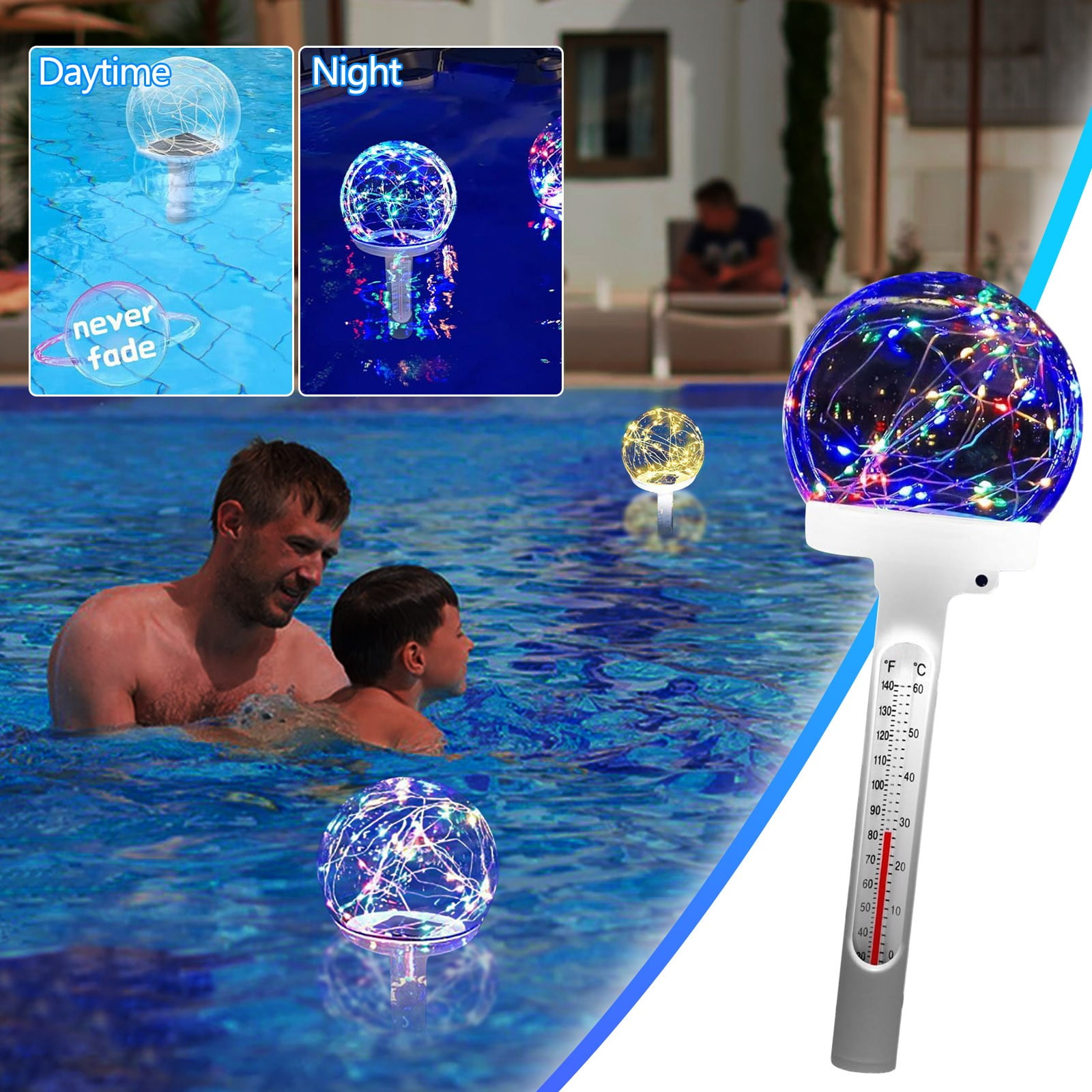 Herrnalise Floating Pool Thermometer,LED Colored Solar Pool Thermometer ...