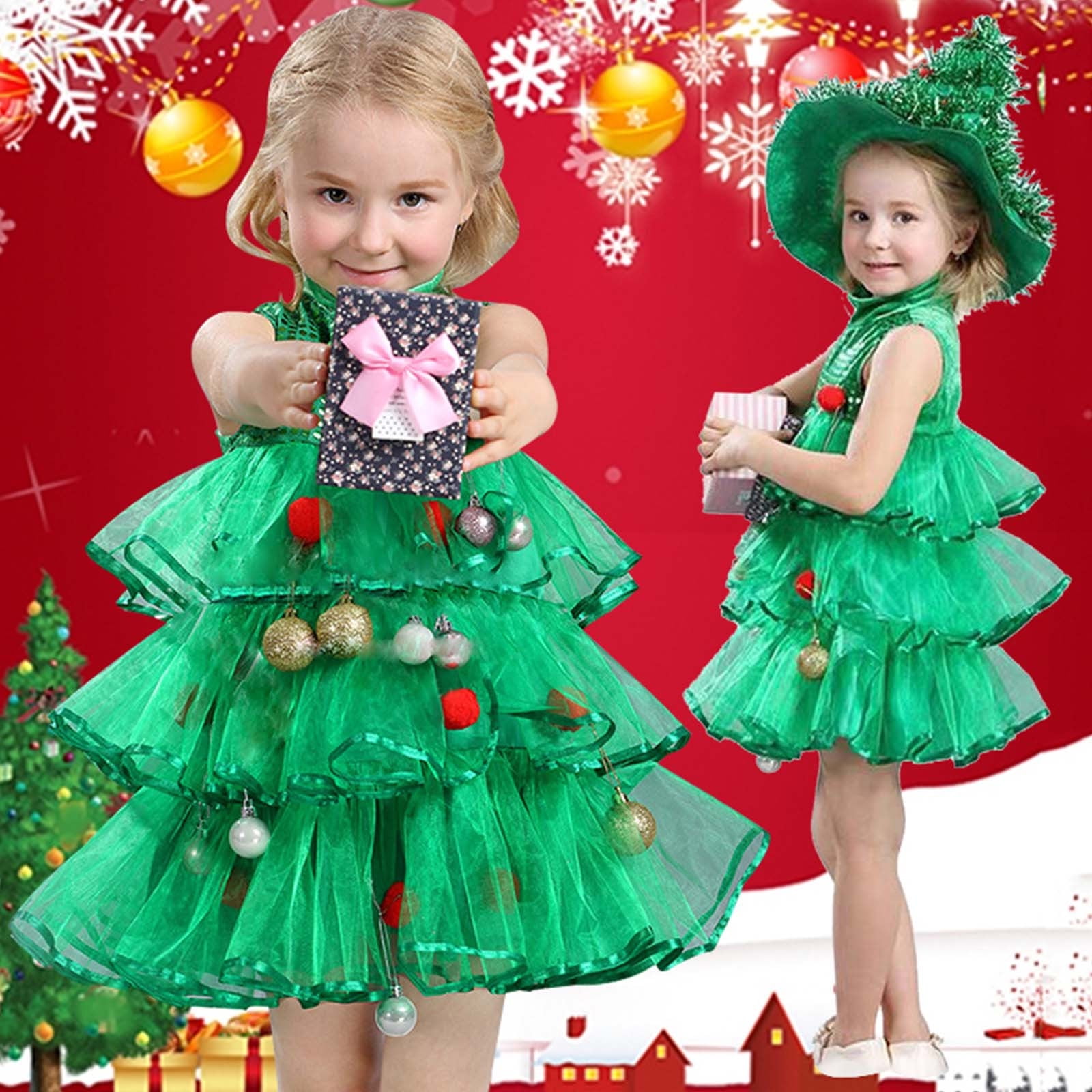 Herrnalise Girl's Christmas Tree Dress Costume Kids Ms Claus Costume ...