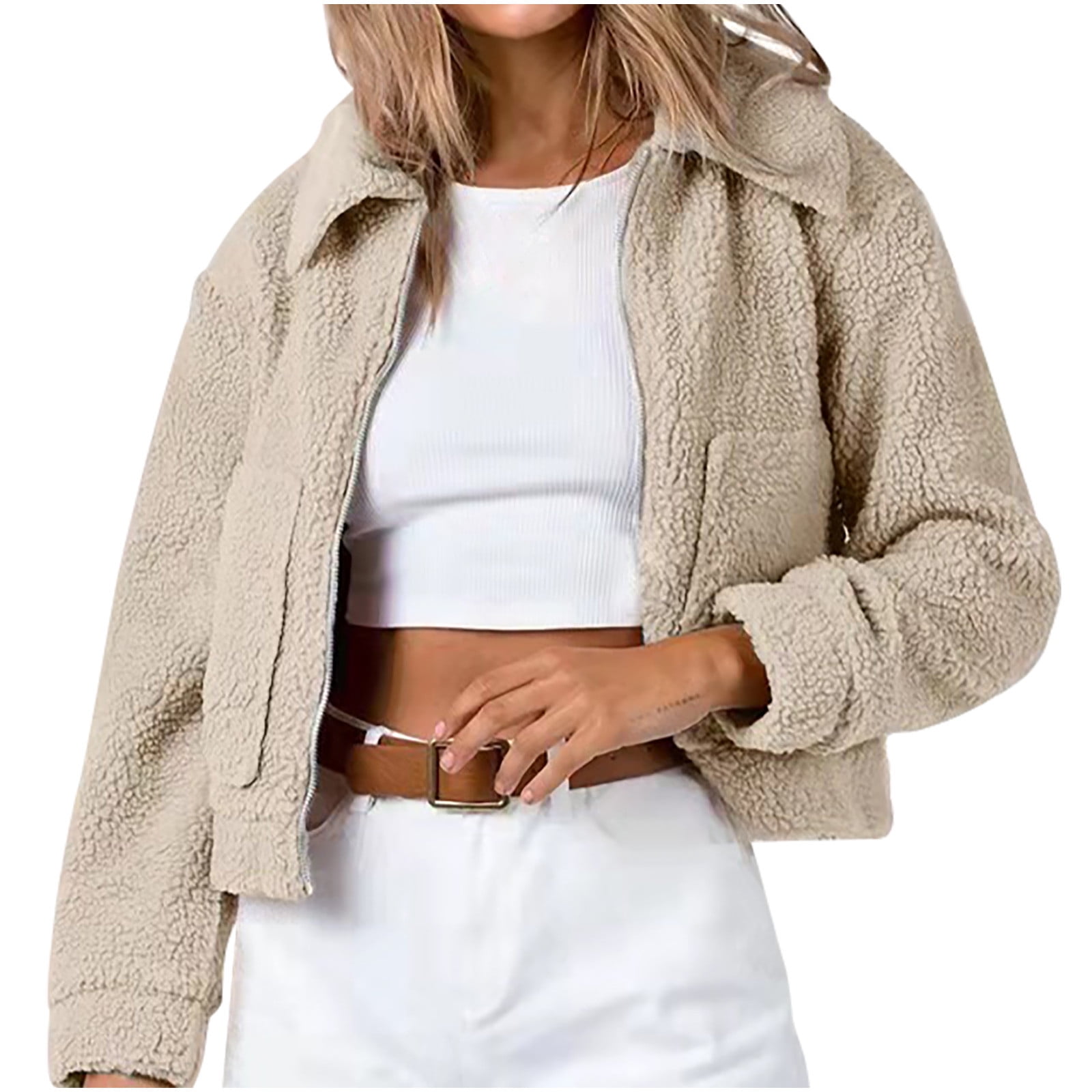 Herrnalise Jackets For Women Solid Lamb Fleece Neck Zipper Casual Short ...
