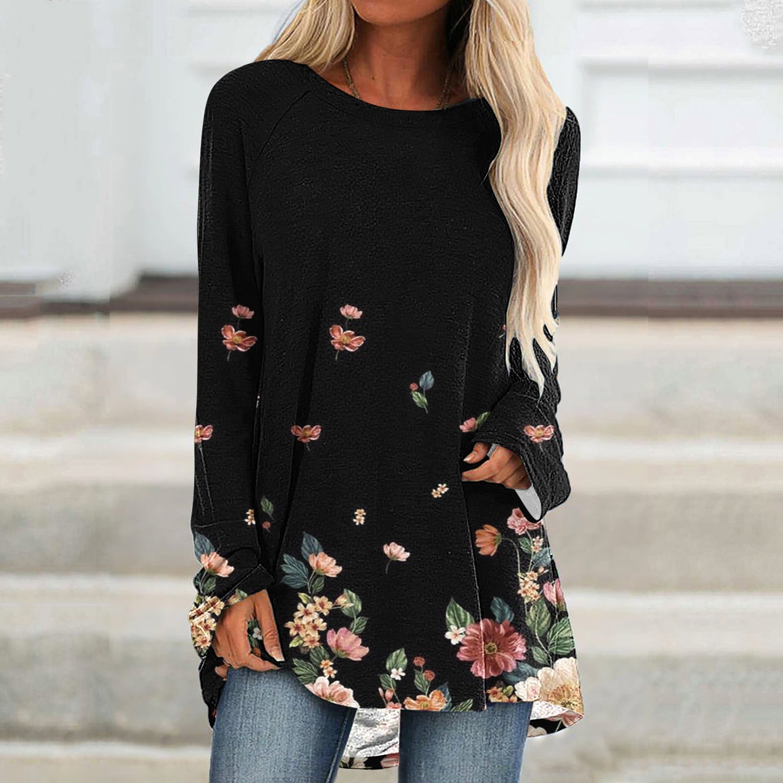 Herrnalise Long Sleeve Tunic Tops for Women High Low Hem Print Shirts ...