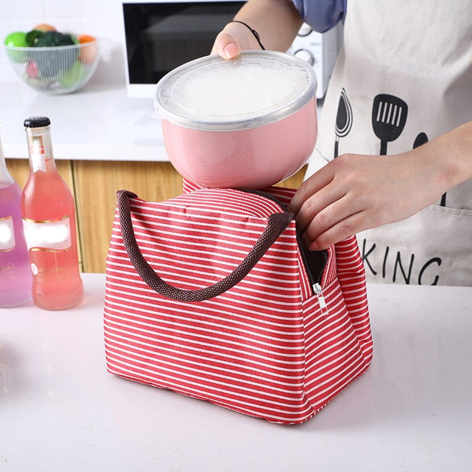 Herrnalise Lunch Box Lunch Bag Red and White Striped Lunch Tote Large ...