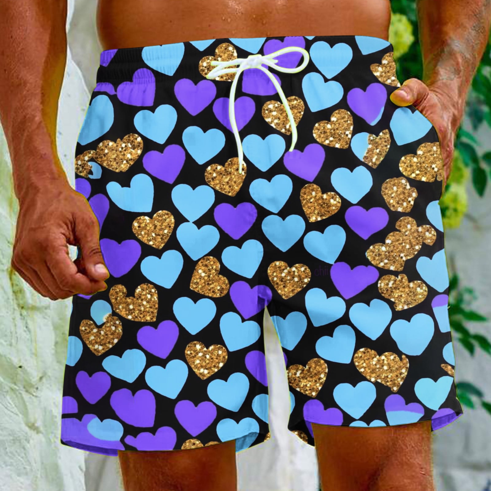Herrnalise Men's Shorts Casual Red Heart Print Elastic Waist Drawstring ...