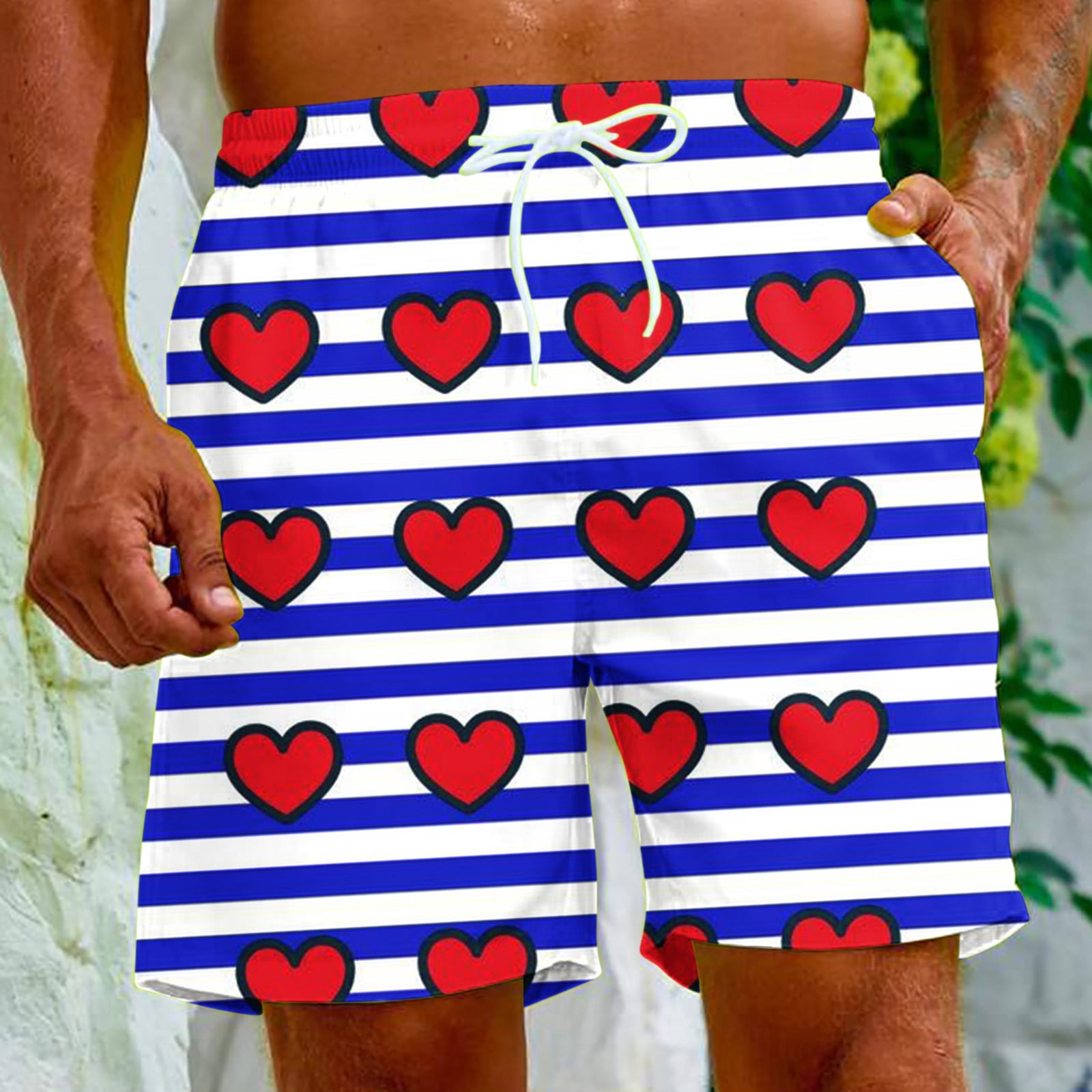 Herrnalise Men's Shorts Casual Red Heart Print Elastic Waist Drawstring ...