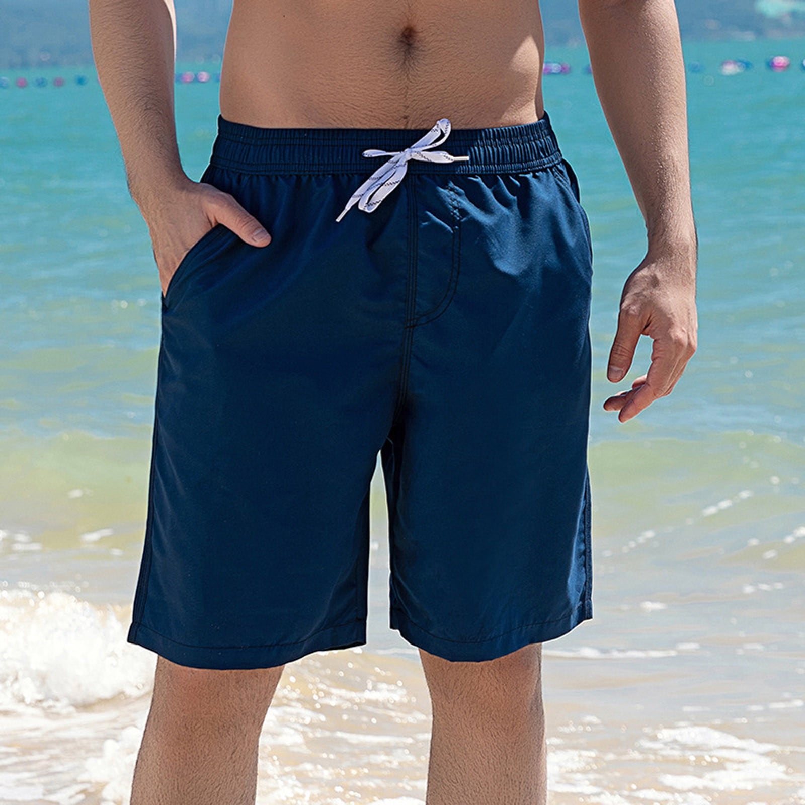 Herrnalise Men's Solid Color Beach Shorts, Casual Elastic Waist ...