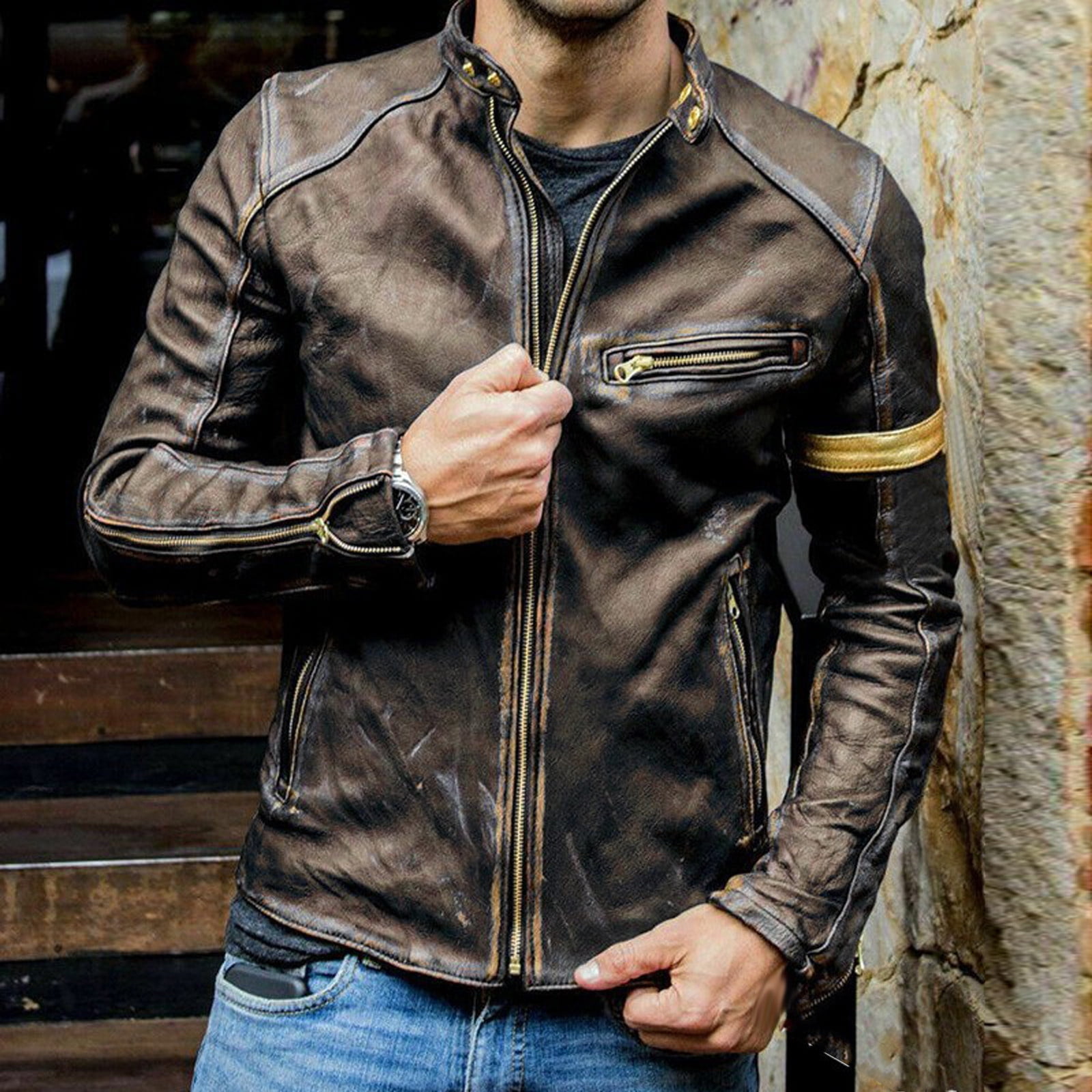 Herrnalise Men's Standing Collar Leather Jacket Coat Autumn Fashion ...