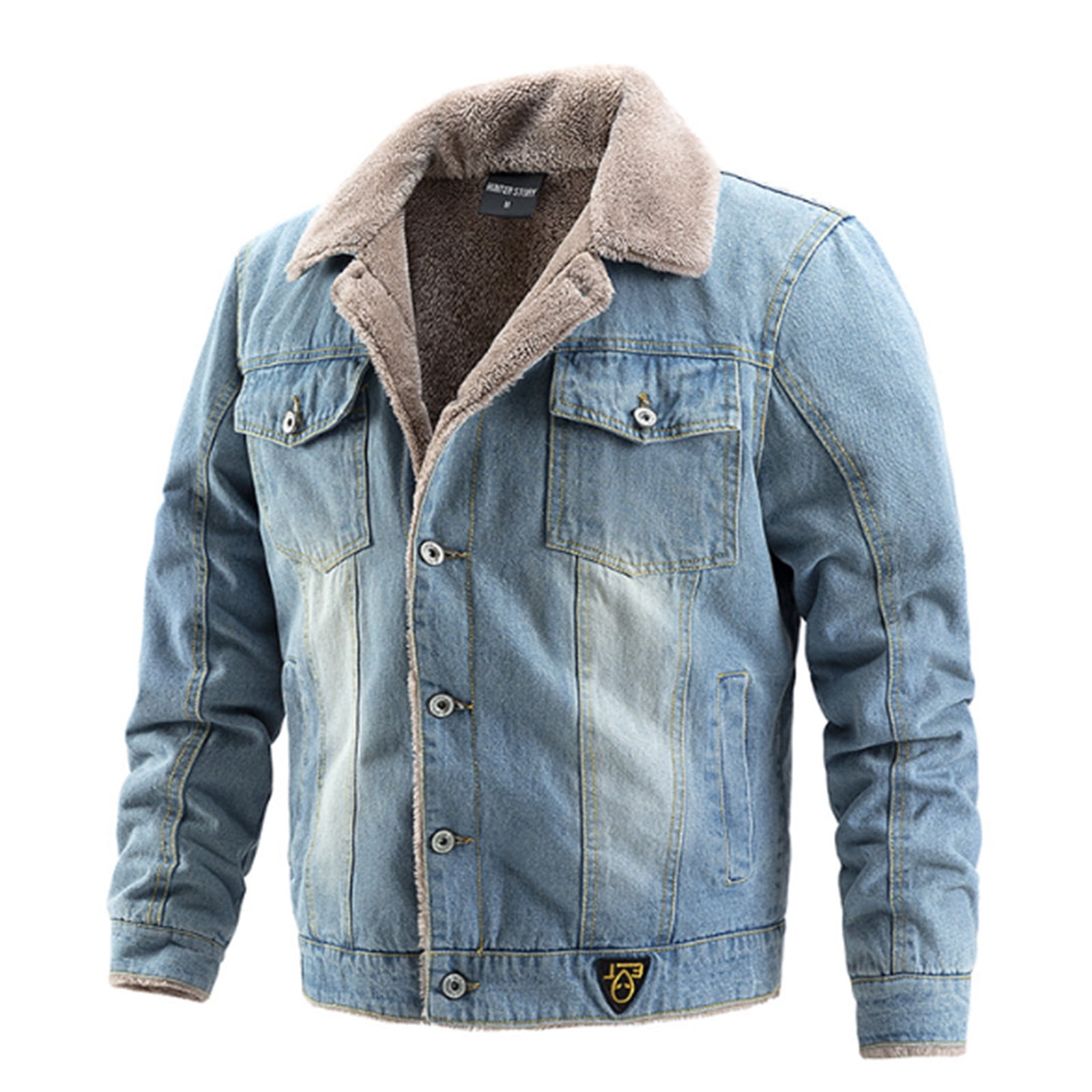 Herrnalise Men's winter medium-length lambswool denim jacket padded ...